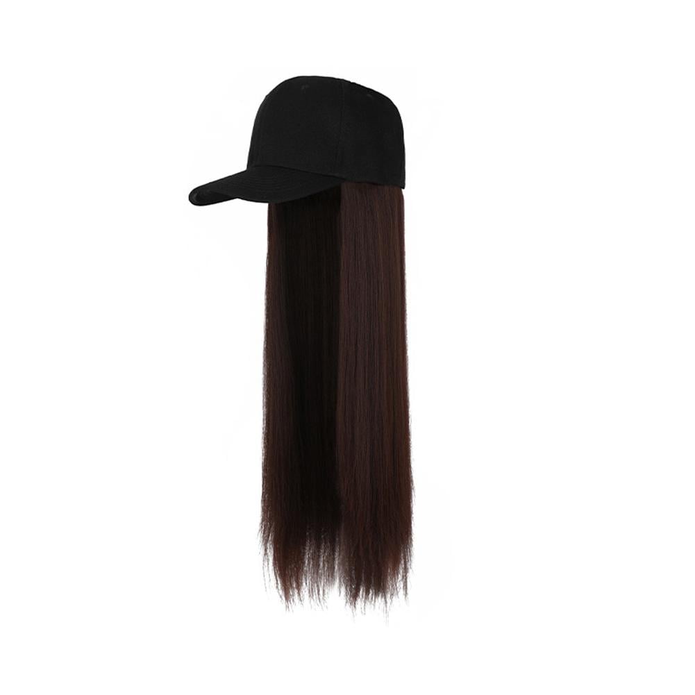 Black Baseball Cap with Wig Gril Summer Long Straight/Curly Hat Hair ...