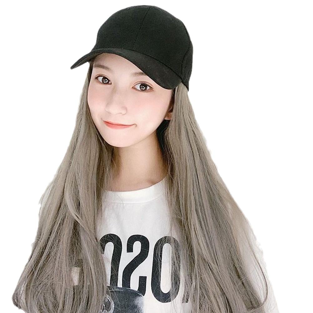Black Baseball Cap with Wig Gril Summer Long Straight/Curly Hat Hair ...