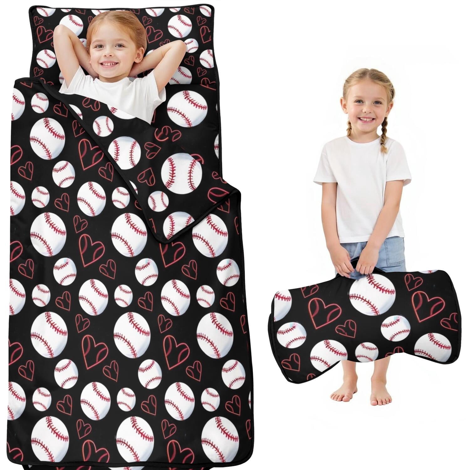 Black Baseballs and Hearts Pattern Toddler Nap Mats for Kids Preschool ...