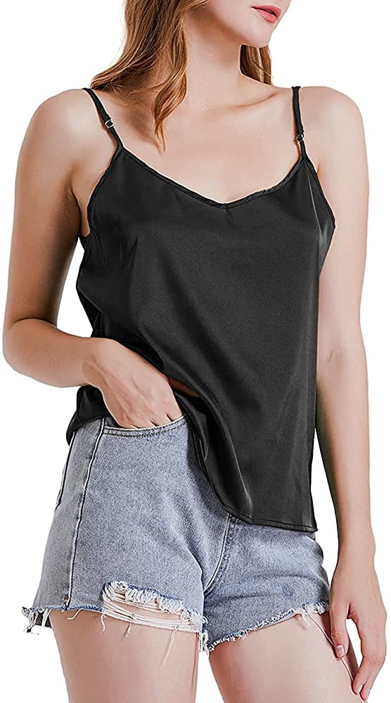 Black Basic Women's Satin Silk Tank Top Ladies V-Neck Silky Loose ...