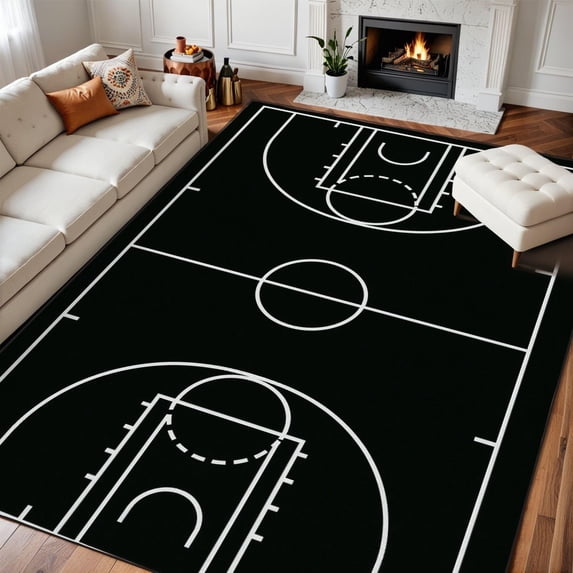 Black Basketball Court Area Rug, Sports Field Pattern Carpet, Washable ...