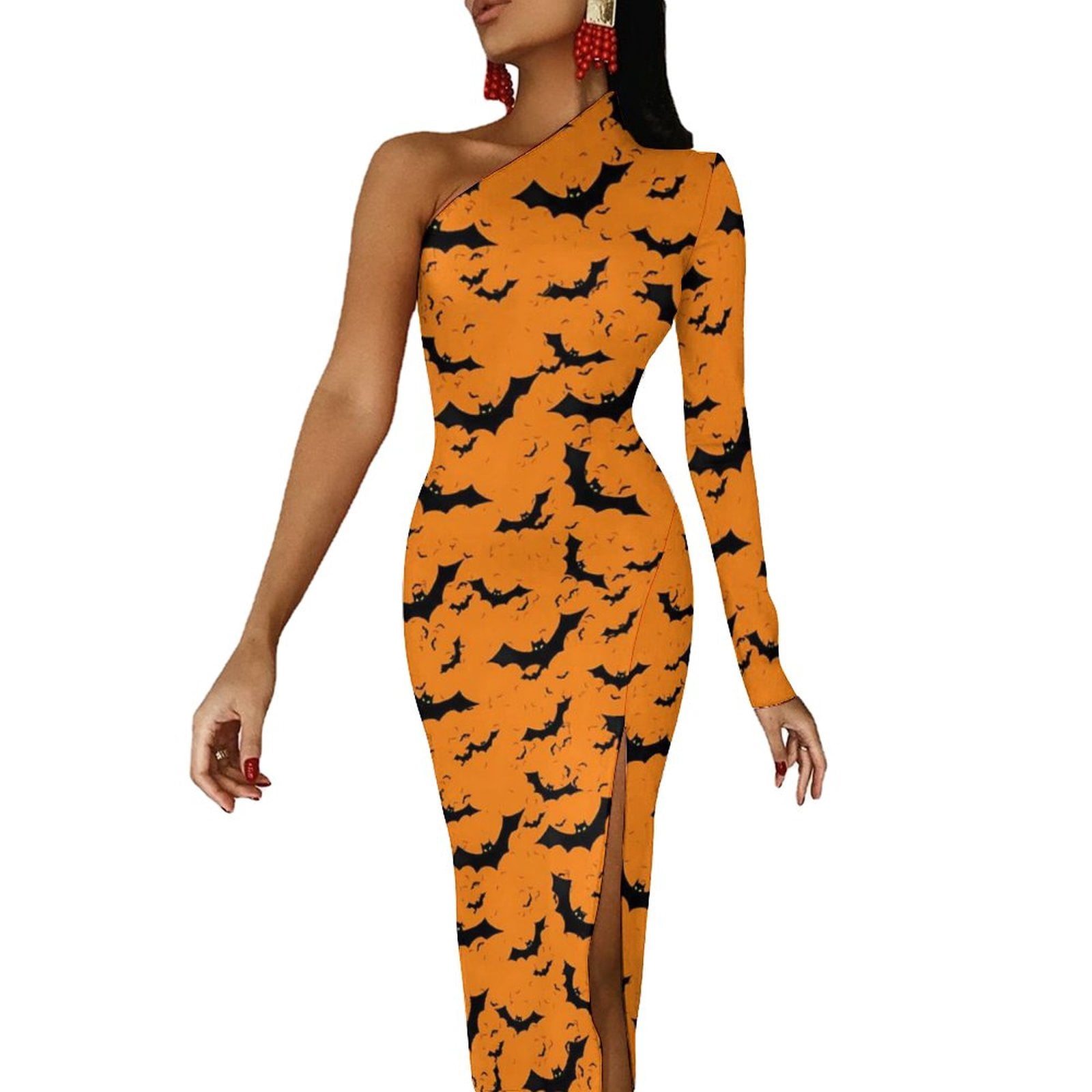 Black Bat Maxi Dress One Shoulder White Animal Pretty Bodycon Dress ...