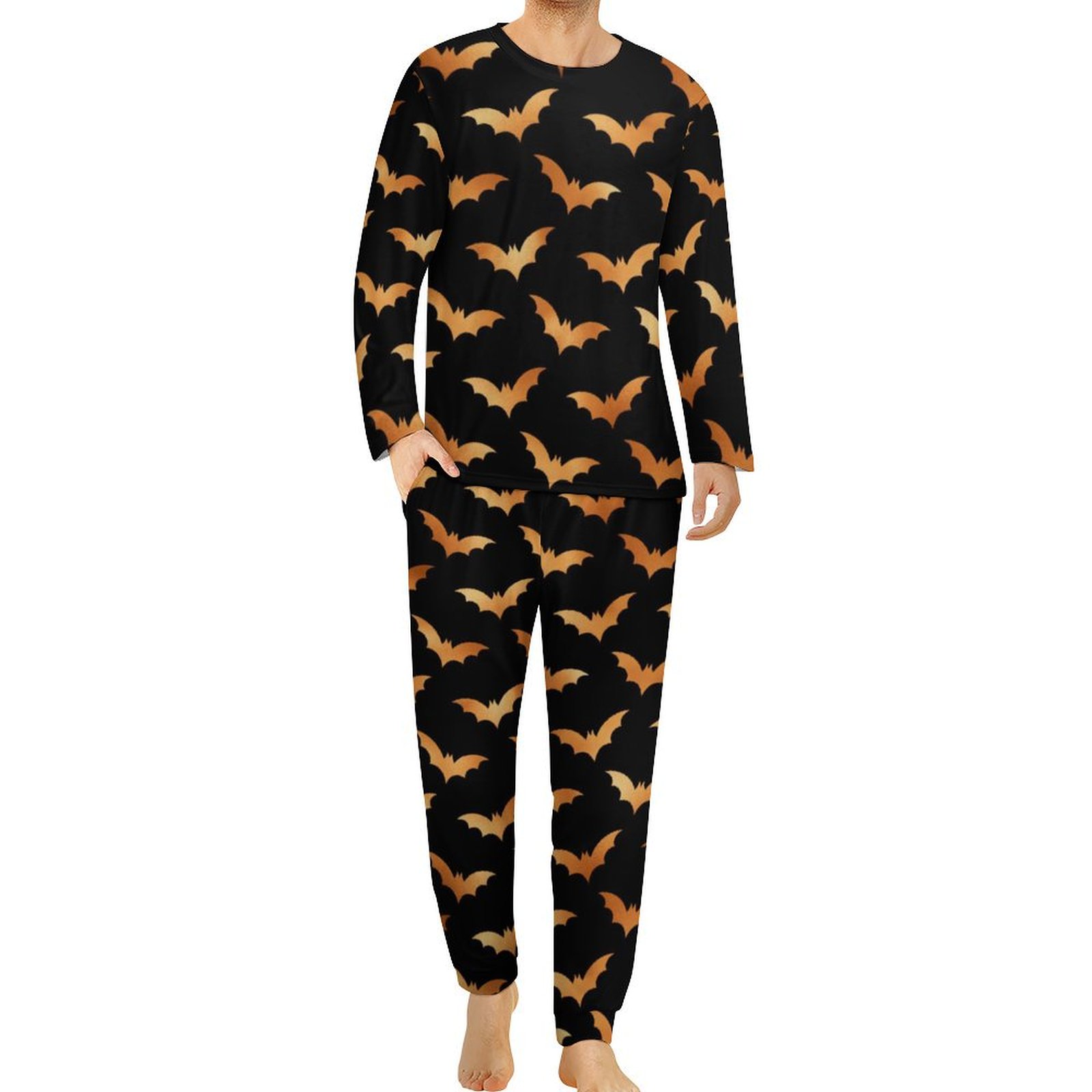 Black Bat Pajamas Winter 2 Pieces Halloween Cartoon Print Warm Pajama ...