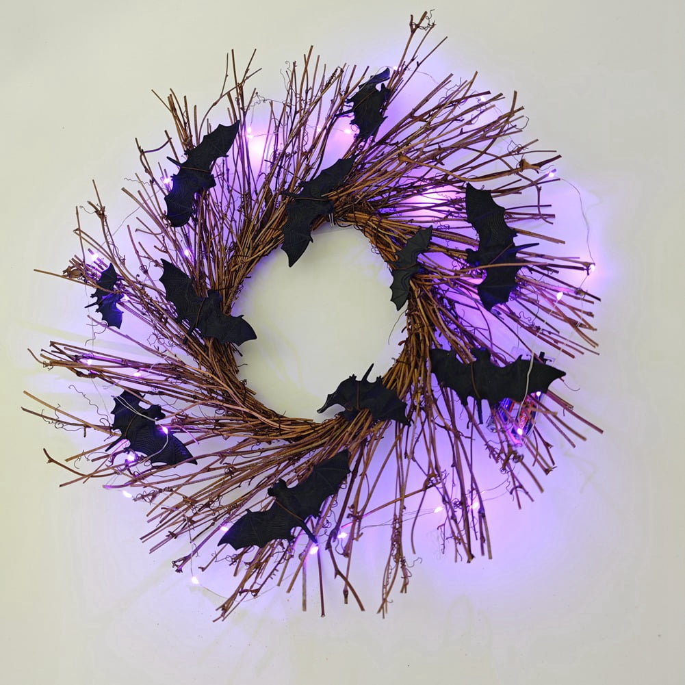 Black Bat Wreath Halloween Wreaths for Front Door, with Lights, Lighted ...