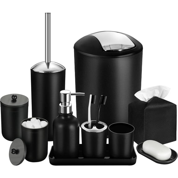 Black Bathroom Accessories Set, 10Pcs Bathroom Accessory Set with Trash ...