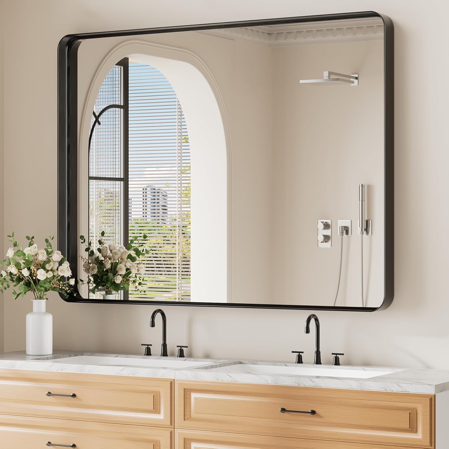 Black Bathroom Mirror for Wall, 36x48 Inch Matte Deep Framed Rounded ...