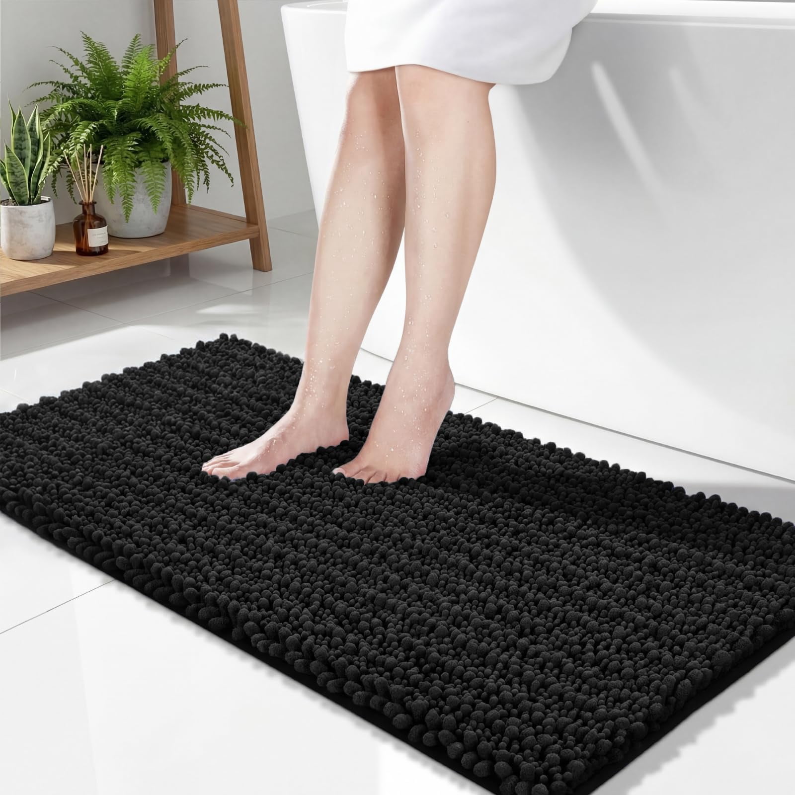 Black Bathroom Rug 24x44 Inch - Thick Chenille Bath Mat Large Shaggy ...