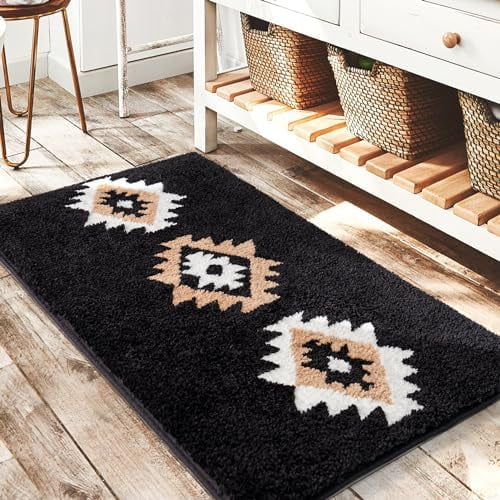 Black Bathroom Rugs Mat 20x32, Aztec Boho Bath Rugs Long Western Plush ...