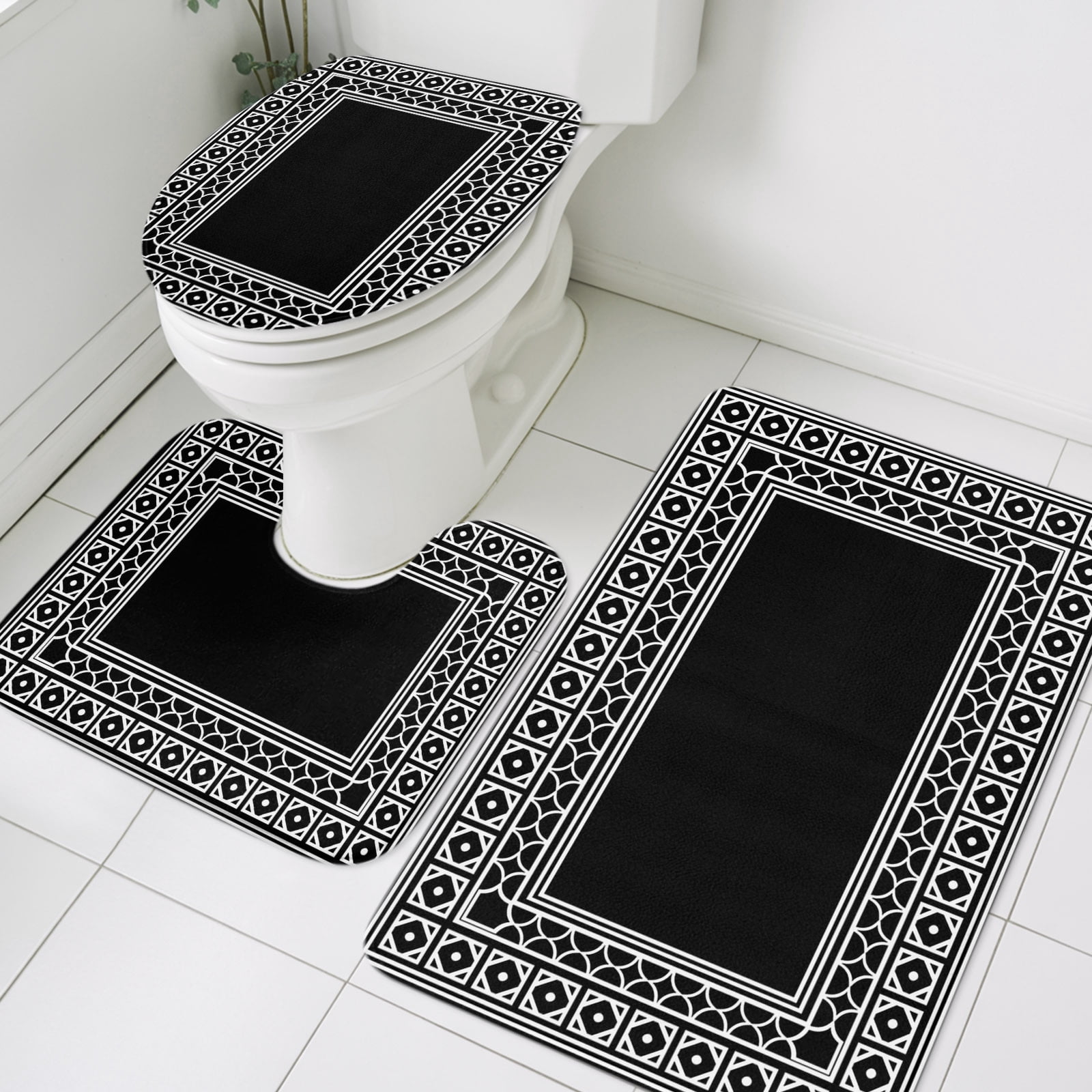 Black Bathroom Rugs Set Boho Diamond Pattern Border Rustic Southwestern ...