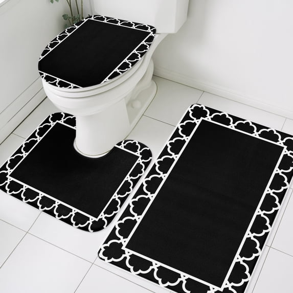 Black Bathroom Rugs Set Geometric Morocco Printed Border Modern Rustic ...