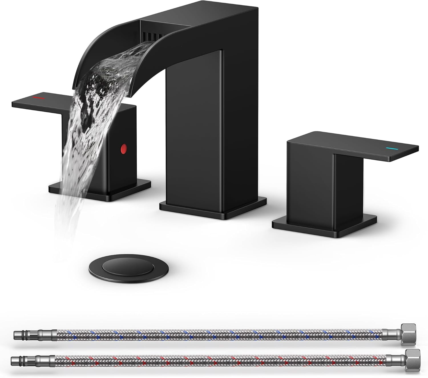Black Bathroom Sink Faucet 3 Hole, 8 Inch Widespread Waterfall Square ...
