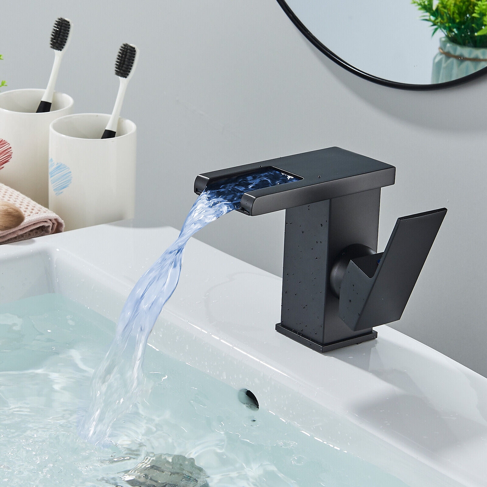 Black Bathroom Sink Vessel Faucet Single Handle LED Waterfall Vanity ...