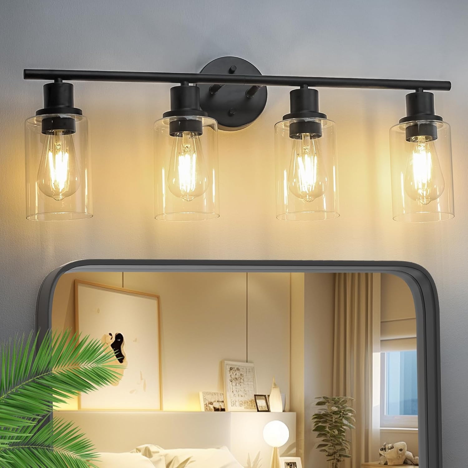 Black Bathroom Vanity Light - 4-Light Bathroom Vanity Light with Clear ...