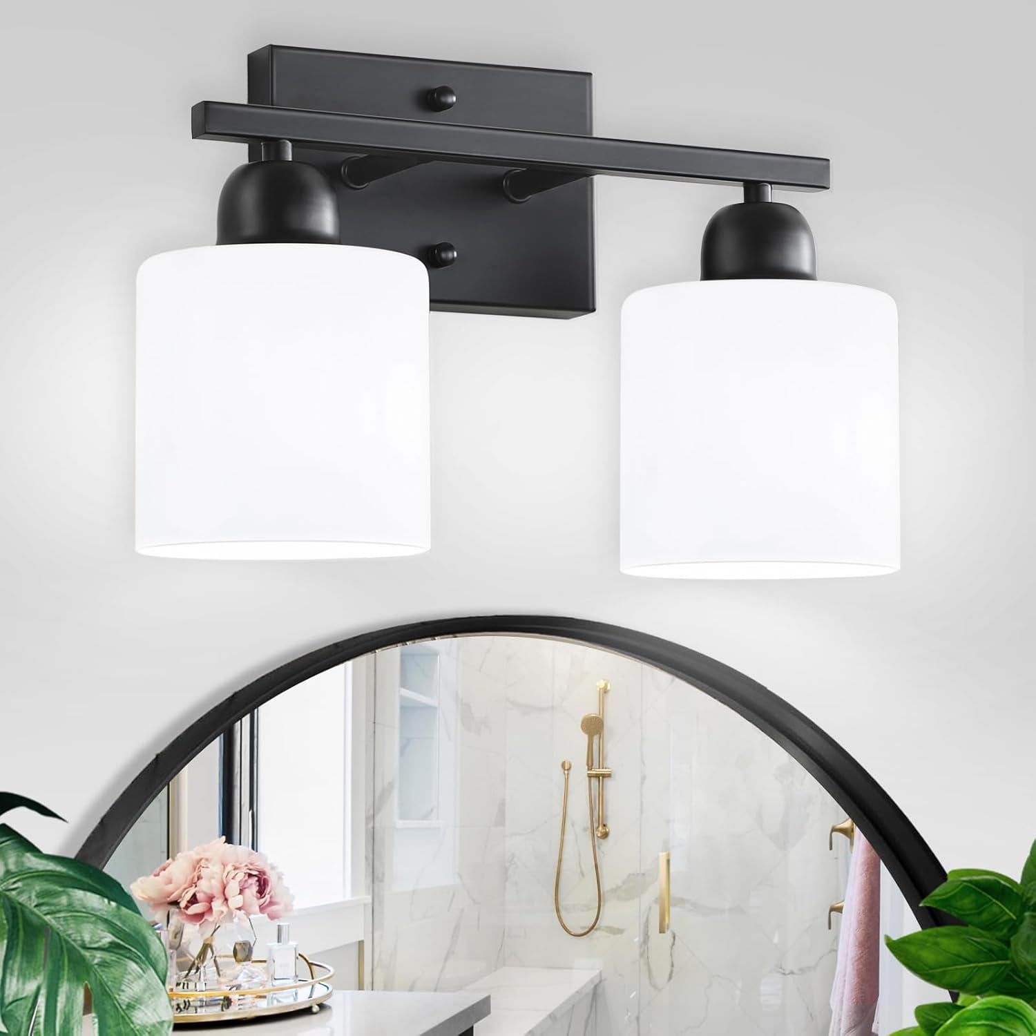 Black Bathroom Vanity Lights, 2-Light Fixtures with Milky White Frosted ...