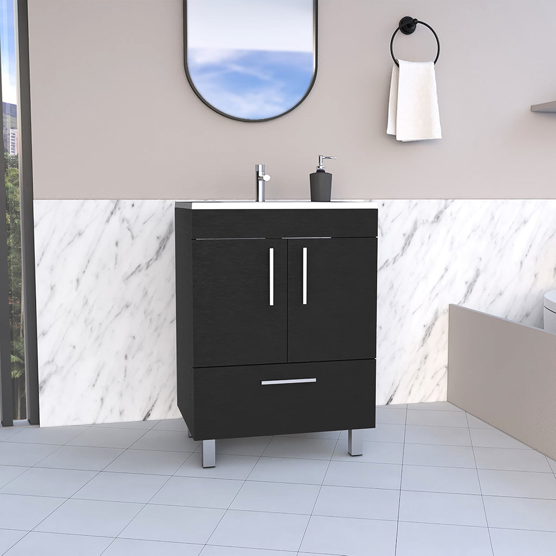 Black Bathroom Vanity - Modern, Double Door Cabinet And One Drawer, 24 ...