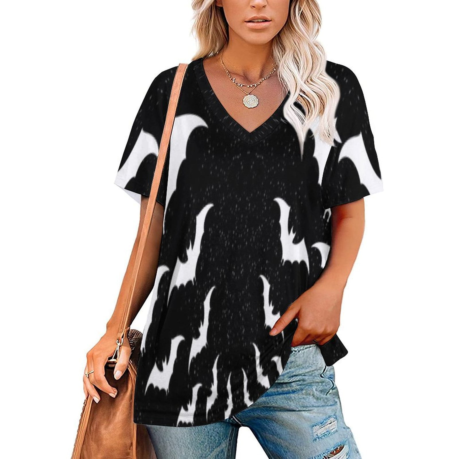 Black Bats Fashion Female T-Shirt Short Sleeve Lady V Neck Oversize T ...
