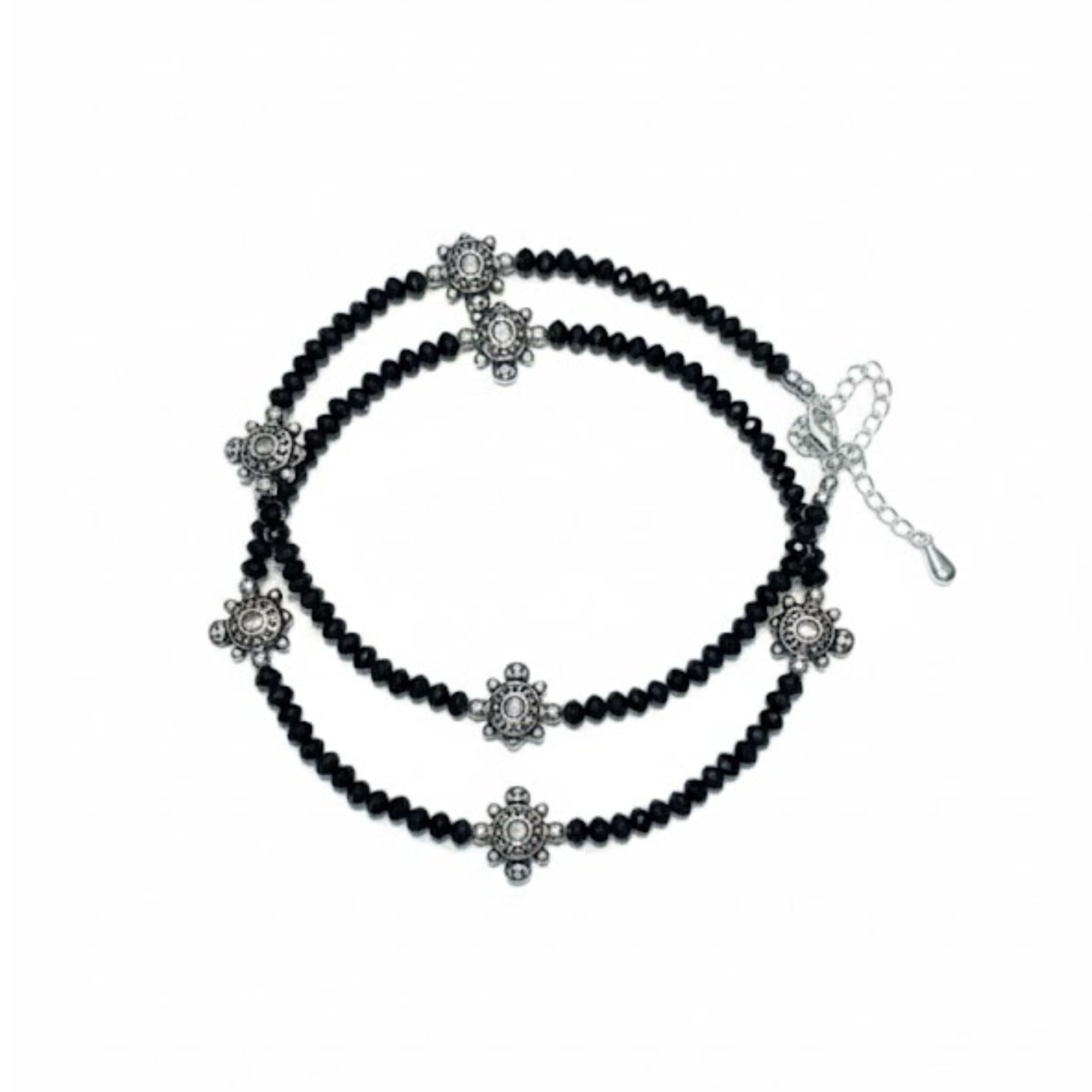 Black Beaded Anklet Set of 2 with Oxidized Silver Charms, Adjustable ...