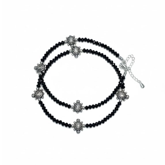 Black Beaded Anklet Set of 2 with Oxidized Silver Charms, Adjustable ...