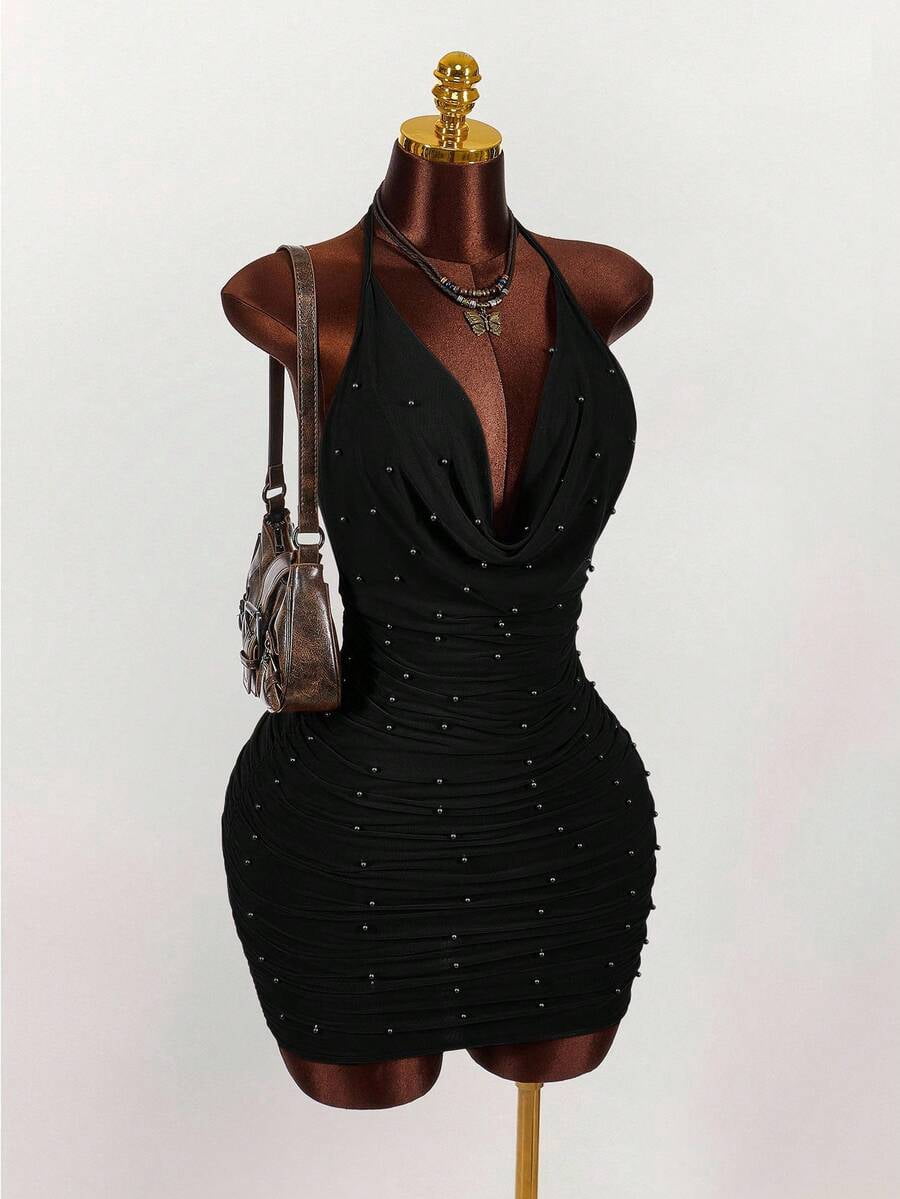 Black Beaded Ruched Halter Neck Mini Dress For Night Out Cocktail Party ...