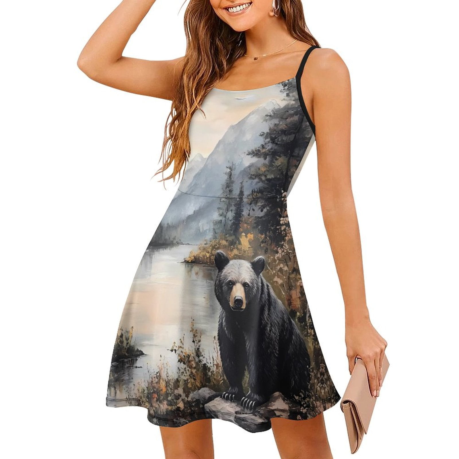 Black Bear Autumn Lakeside Womens Spaghetti Strap Summer Dresses Mini ...