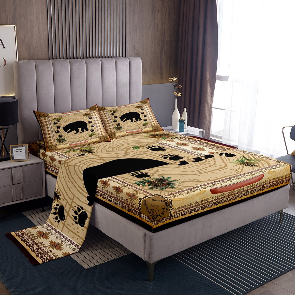 Black Bear Bed Sheets Set Twin Rustic Cabin Decor Bedding Tribal Bear ...