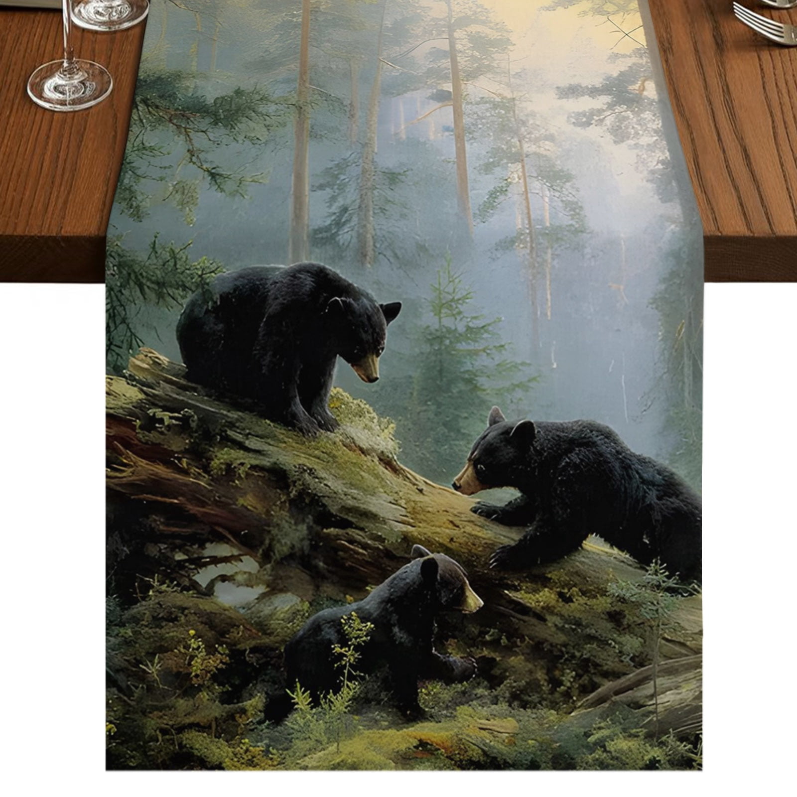Black Bear Burlap Cotton Table Runner 13x48 Inches Long, Forest Animal ...