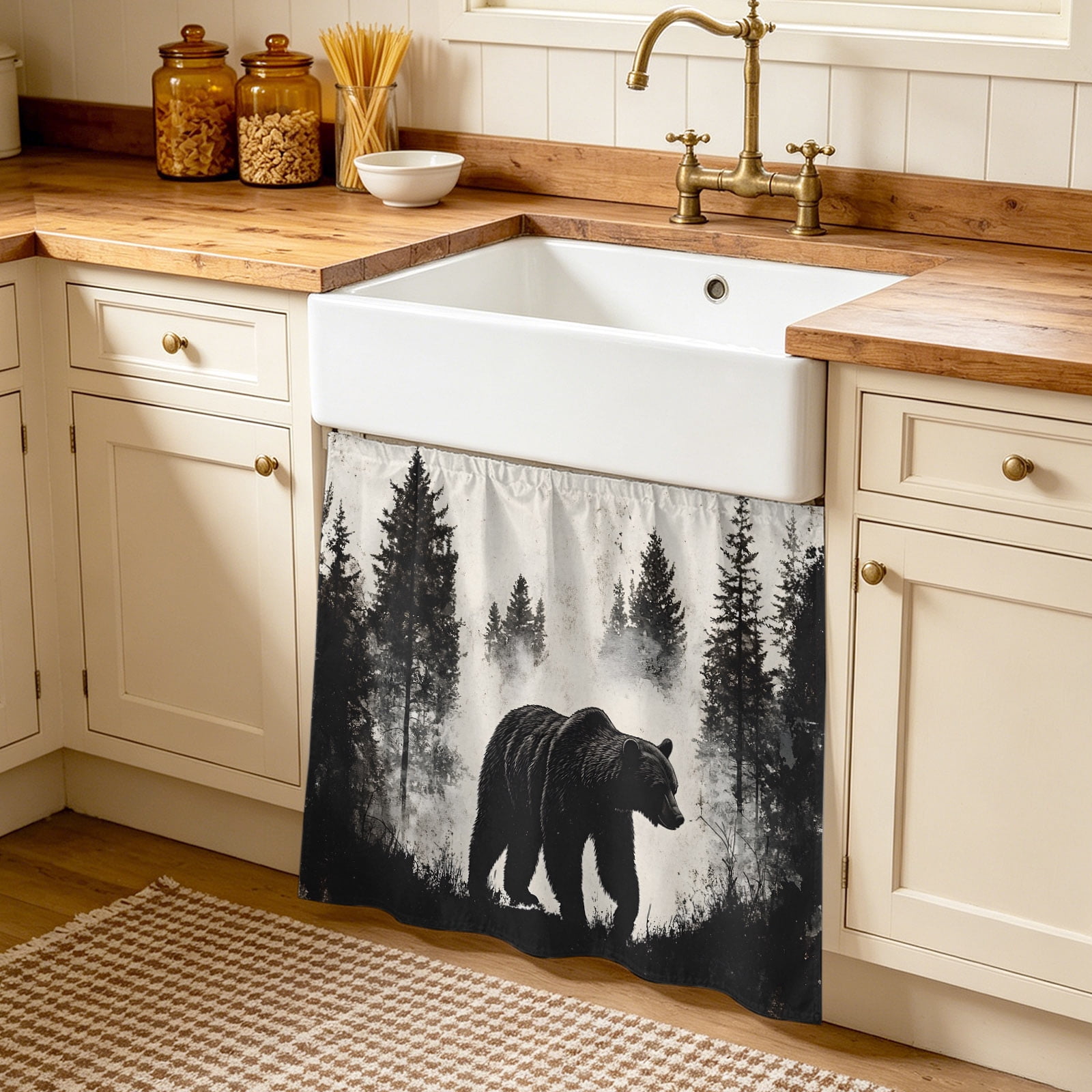 Black Bear Cabinet Curtains 35"W x 35"L, Farmhouse Forest Animals ...