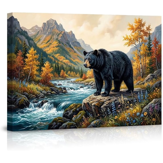 Black Bear Canvas Wall Art Oil Painting Autumn Mountain River Landscape ...