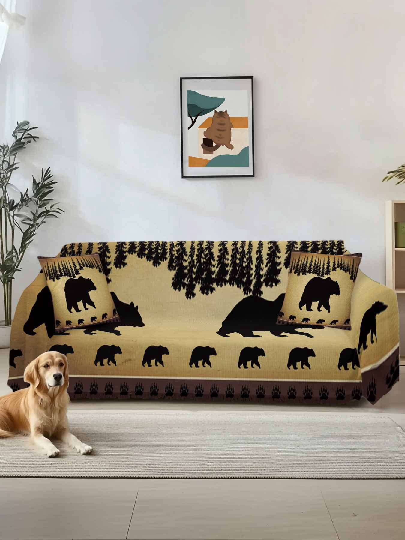 Black Bear Couch Cover, Vintage Animals Farmhouse Pine Brown Forest ...