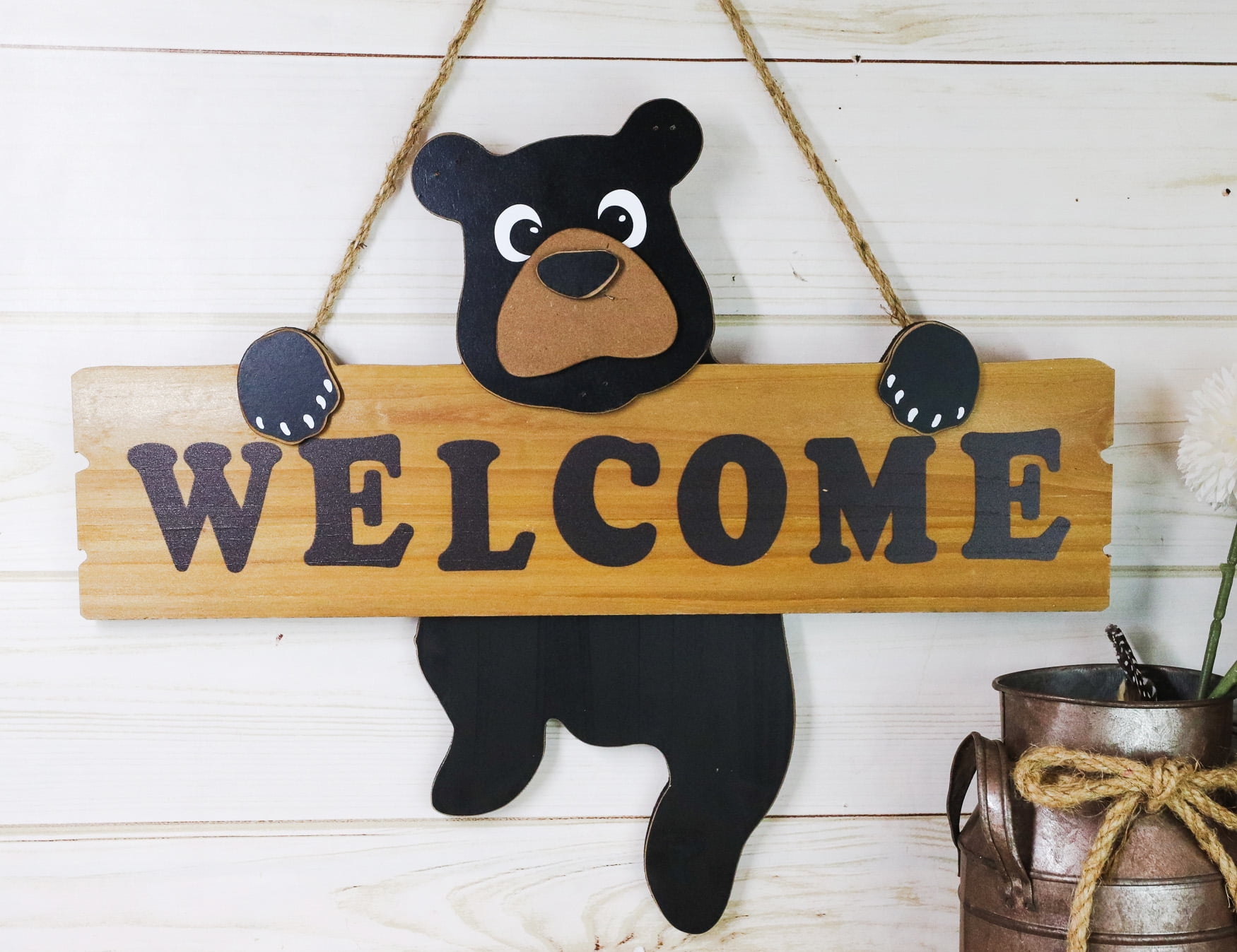 Black Bear Cub Hanging On Welcome Sign Plank MDF Wood Door Or Wall ...