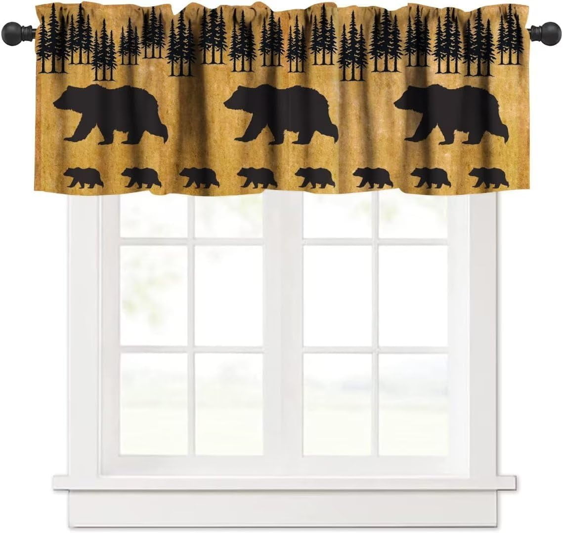 Black Bear Curtain Valance,Rustic Farm Cute Bear Forest Silhouettes ...
