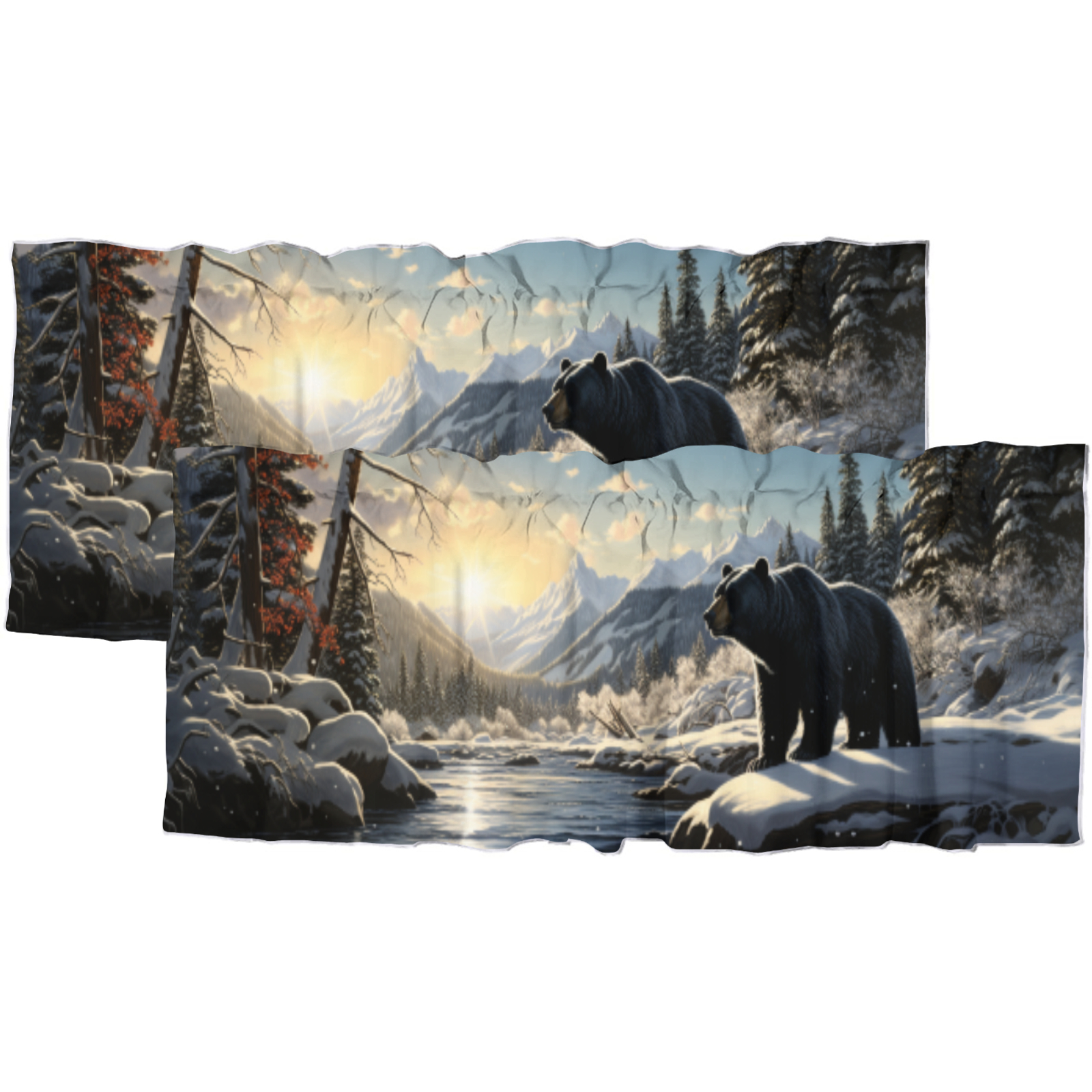 Black Bear Curtain Valances Winter Snow Mountain Forest Tree Lake ...