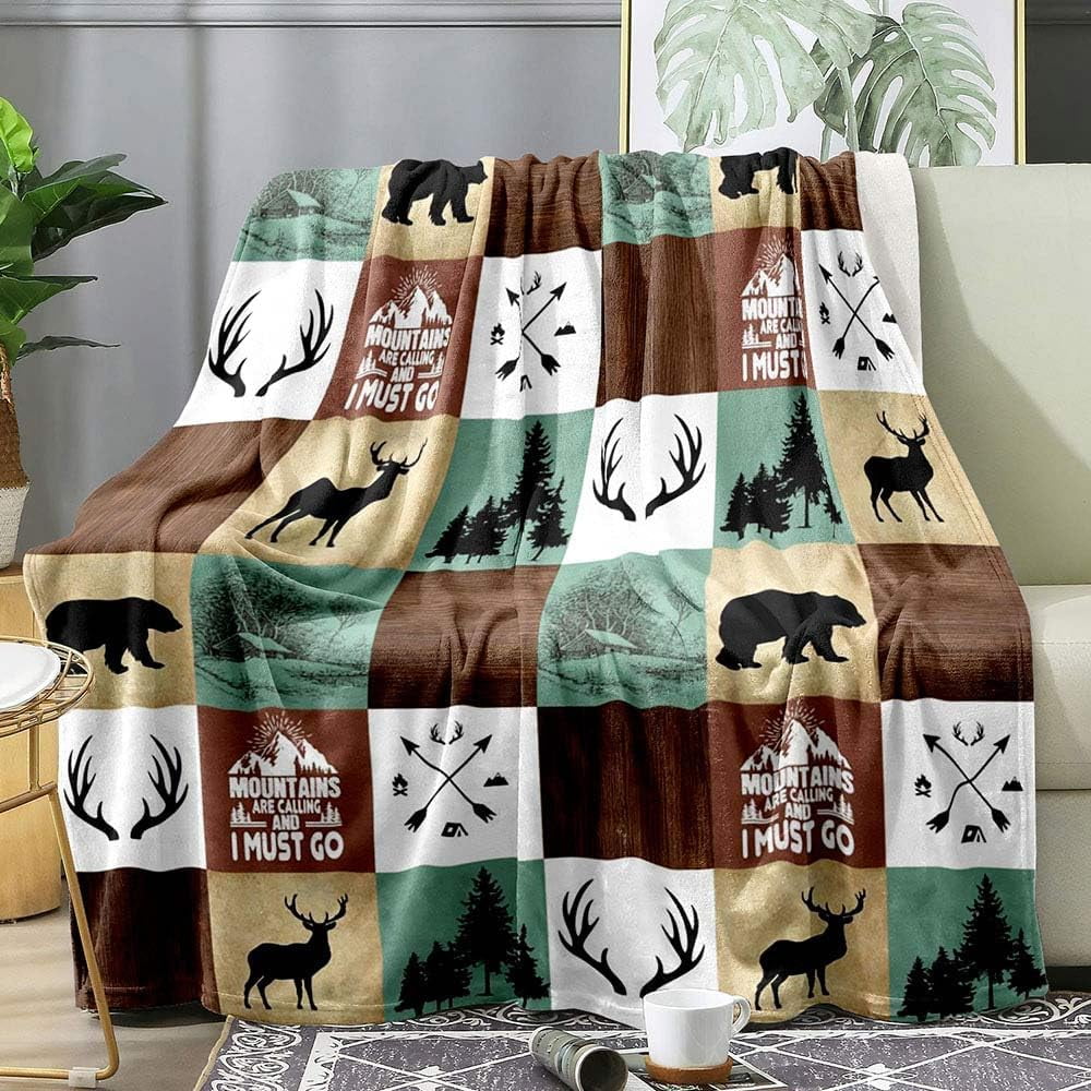 Black Bear Deer Throw Blanket, Sage Green Patchwork Elk Moose Forest ...