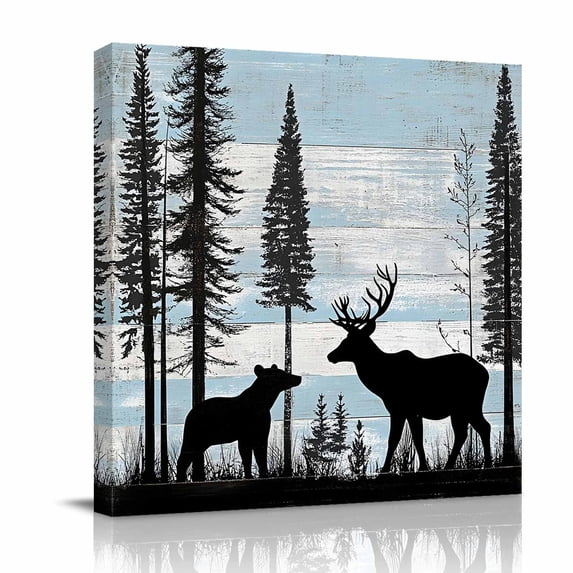 Black Bear Elk Canvas Wall Art for Living Room, Blue White Wood Grain ...