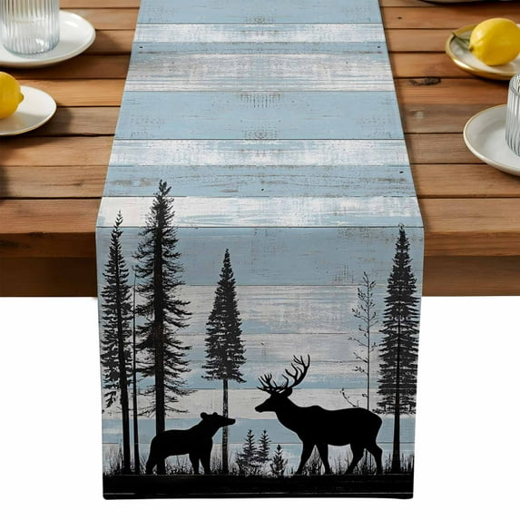 Black Bear Elk Table Runner, Blue White Wood Grain Forest Animal Nature ...