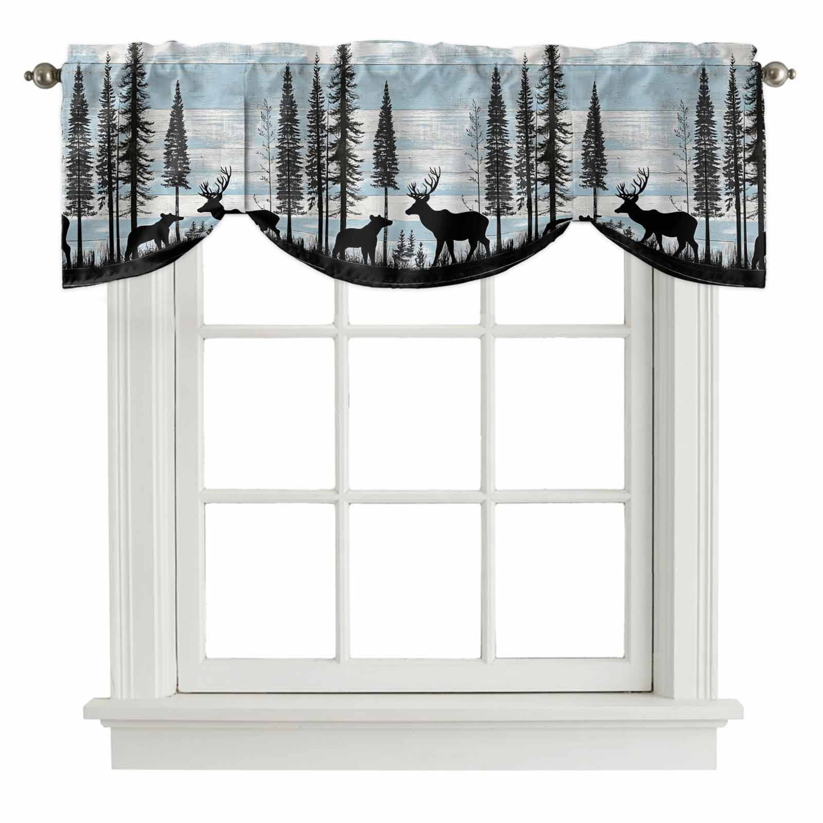 Black Bear Elk Tie Up Valance Curtains Blue White Wood Grain Forest ...