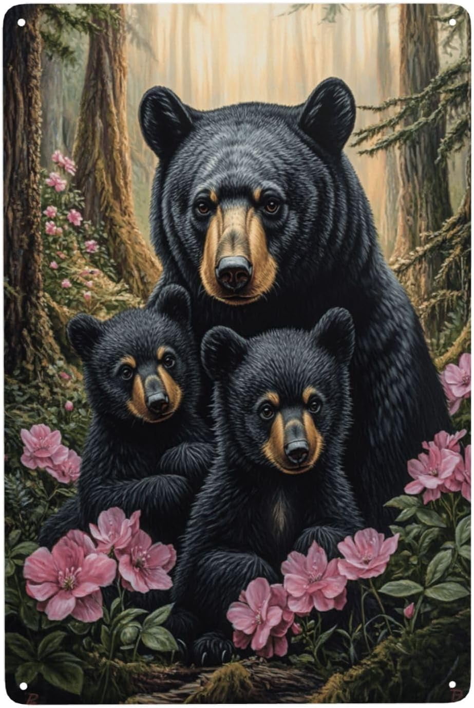 Black Bear Family Forest Wall Art Metal Tin Sign 8x12 Inch Aluminum ...