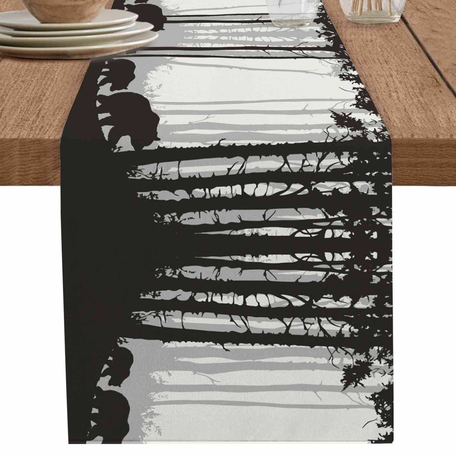 Black Bear Forest Tree Table Runner-70 Inch Long Watercolor Summer ...