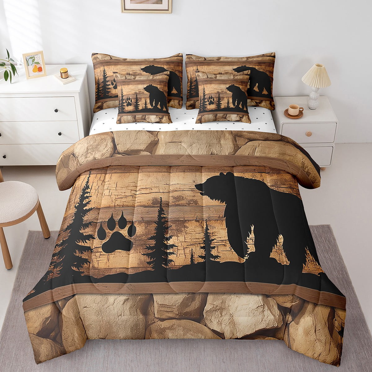 Black Bear Full Comforter Set,7 Pieces Woodland Animals Paw Print Pine ...