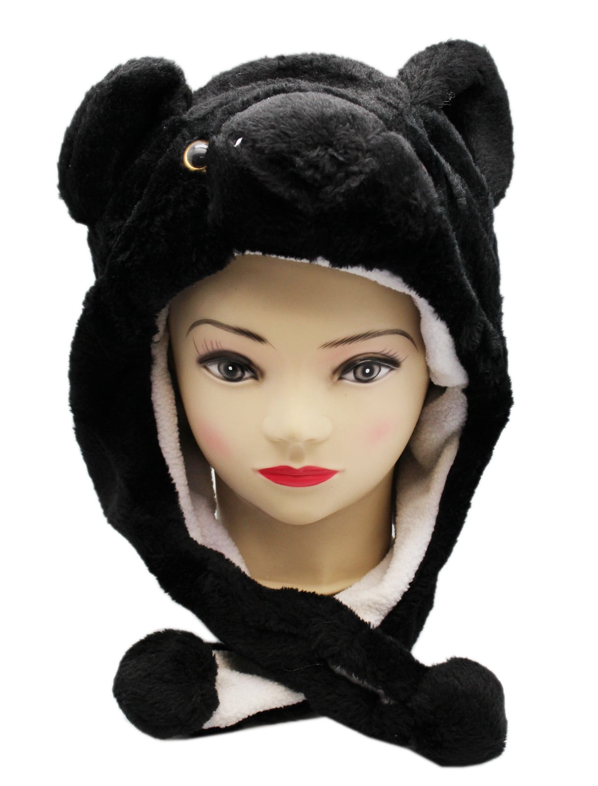Black Bear Head Plush Hat With Dangling Poms - Walmart.com
