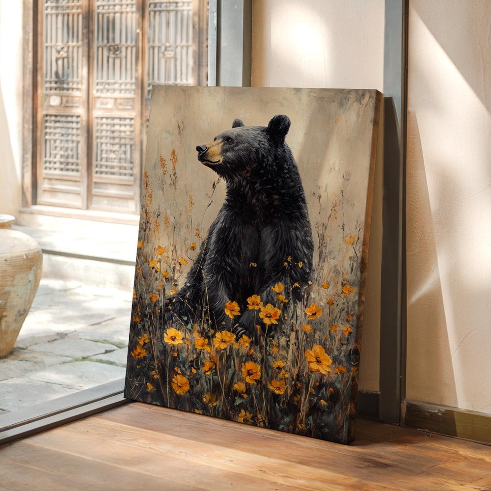 Black Bear In Golden Wildflowers Rustic Wildlife Poster Art Nature ...