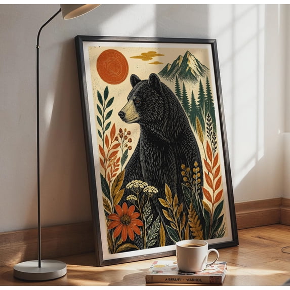 Black Bear Linocut Botanical Wildlife Mountain Forest Decorative Wall ...