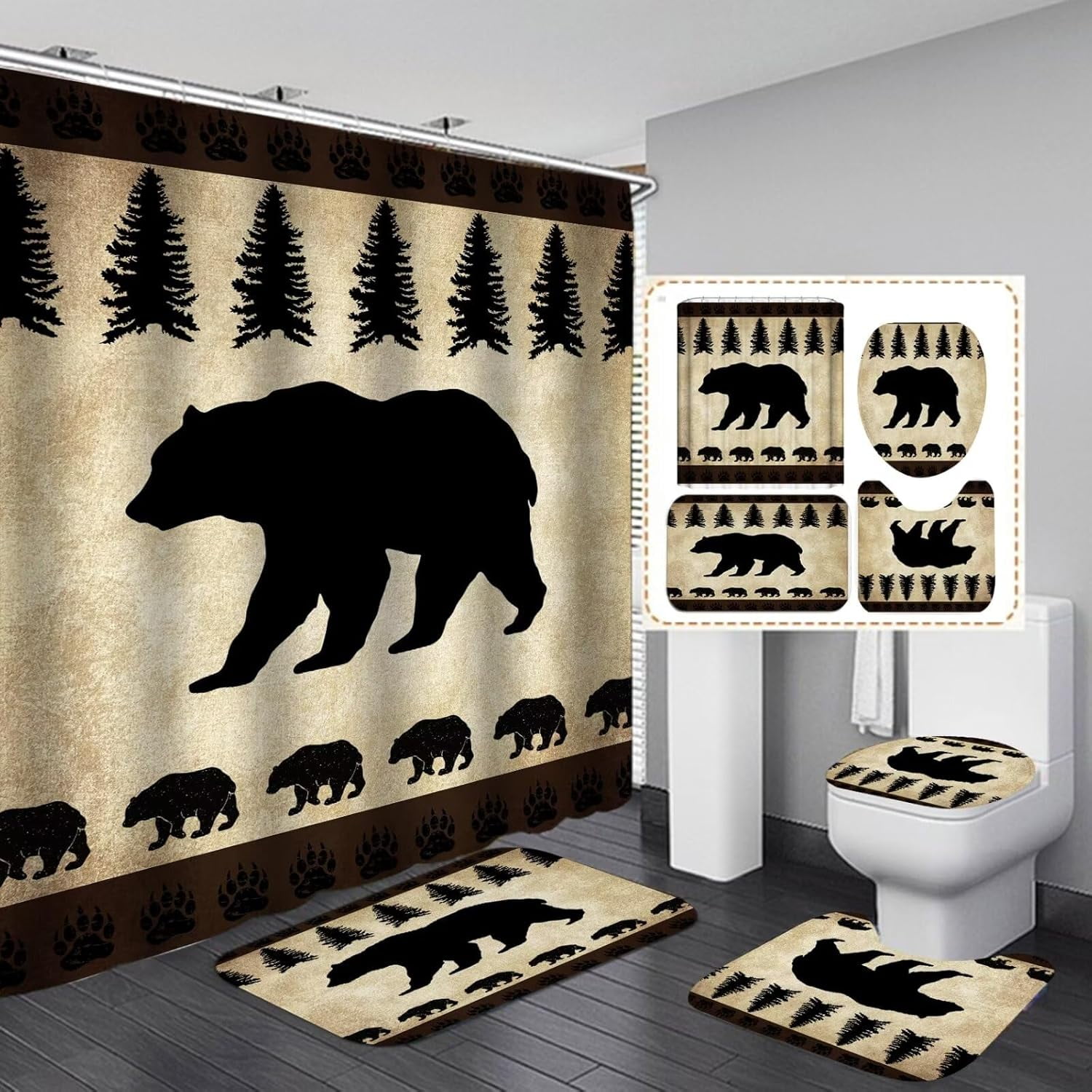 Black Bear Lodge Shower Curtain Set with Bath Rugs Waterproof Vintage ...
