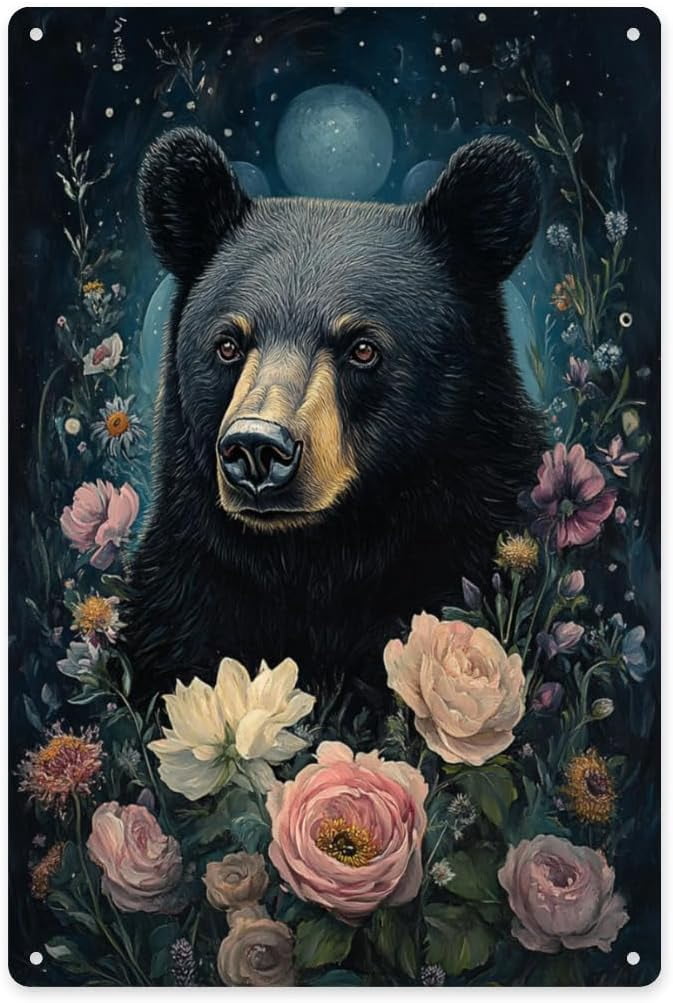 Black Bear Moonlit Flowers Metal Tin Sign, Starry Night Sky Nature Art ...