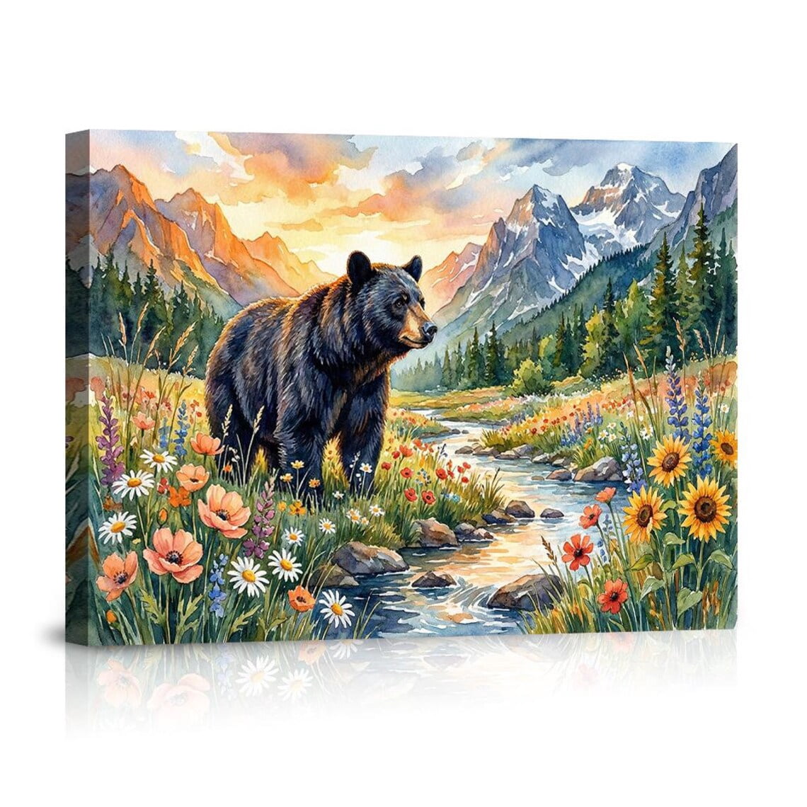 Black Bear Mountain Stream Sunset Wildlife Rustic Nature Canvas ...