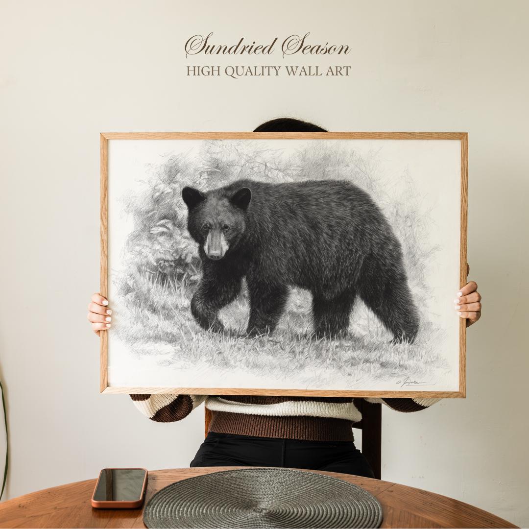 Black Bear Pencil Drawing Art Print, Rustic Wildlife Wall Decor For ...