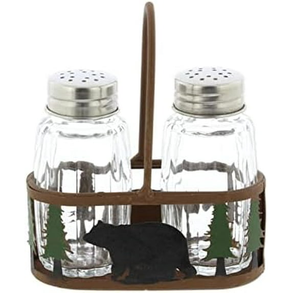 Black Bear and Pines Salt and Pepper Shaker Holder Set - 3 Piece Set ...