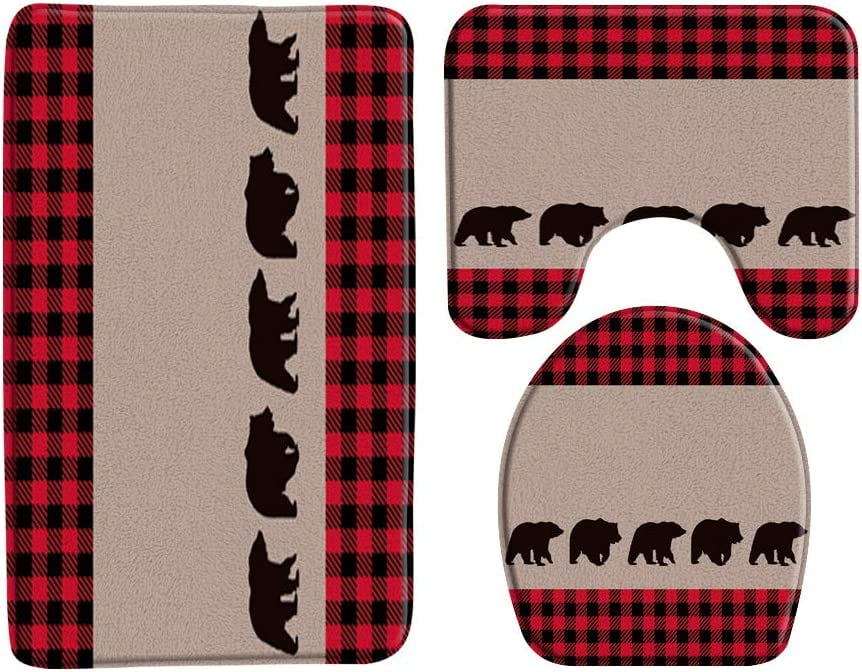 Black Bear Plaid Bath Mat Rustic Red Black Buffalo Check Camping Cabin ...