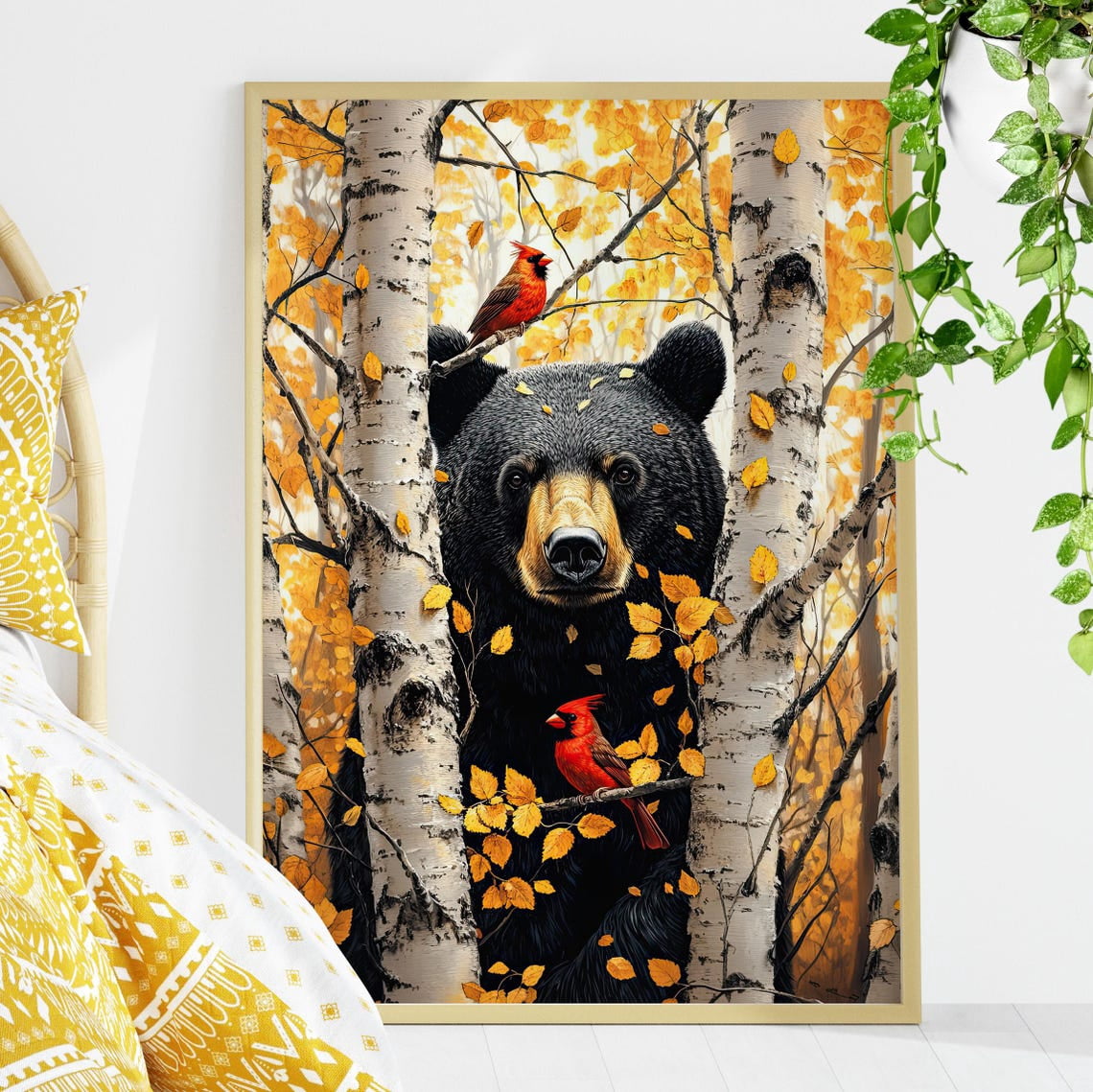 Black Bear Red Cardinals Autumn Aspen Trees Nature Wildlife Scene Fall ...