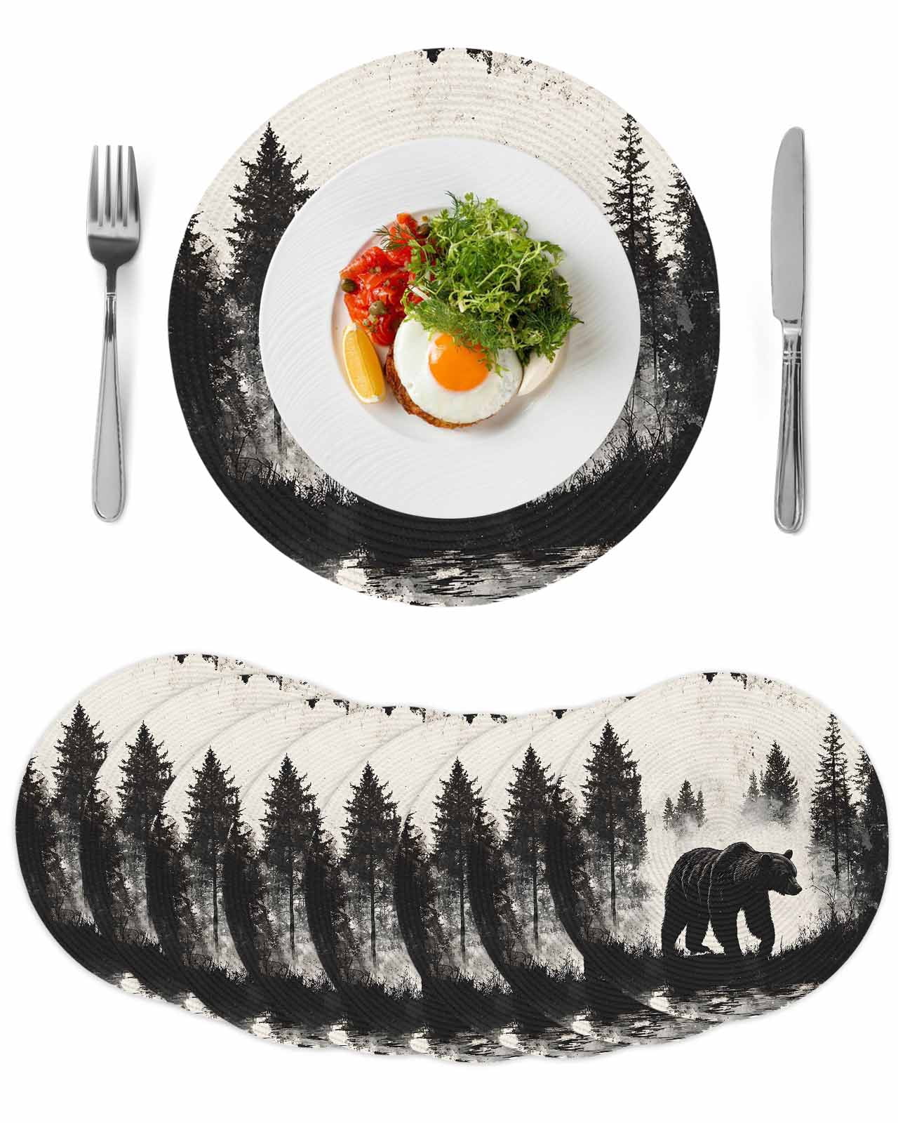 Black Bear Round 15 Inch Placemats Set of 8, Farmhouse Forest Animals ...